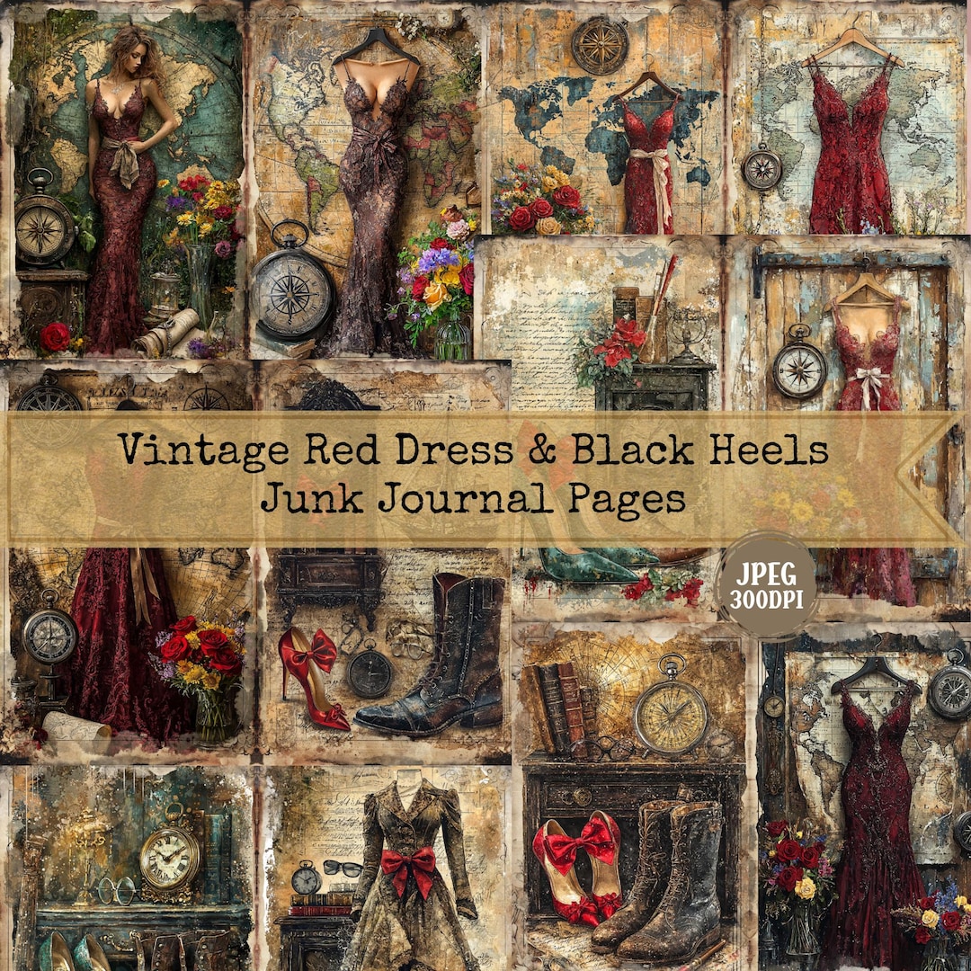 Vintage Red Dress Junk Journal Pages | Elegant Fashion Ephemera (JPG ...