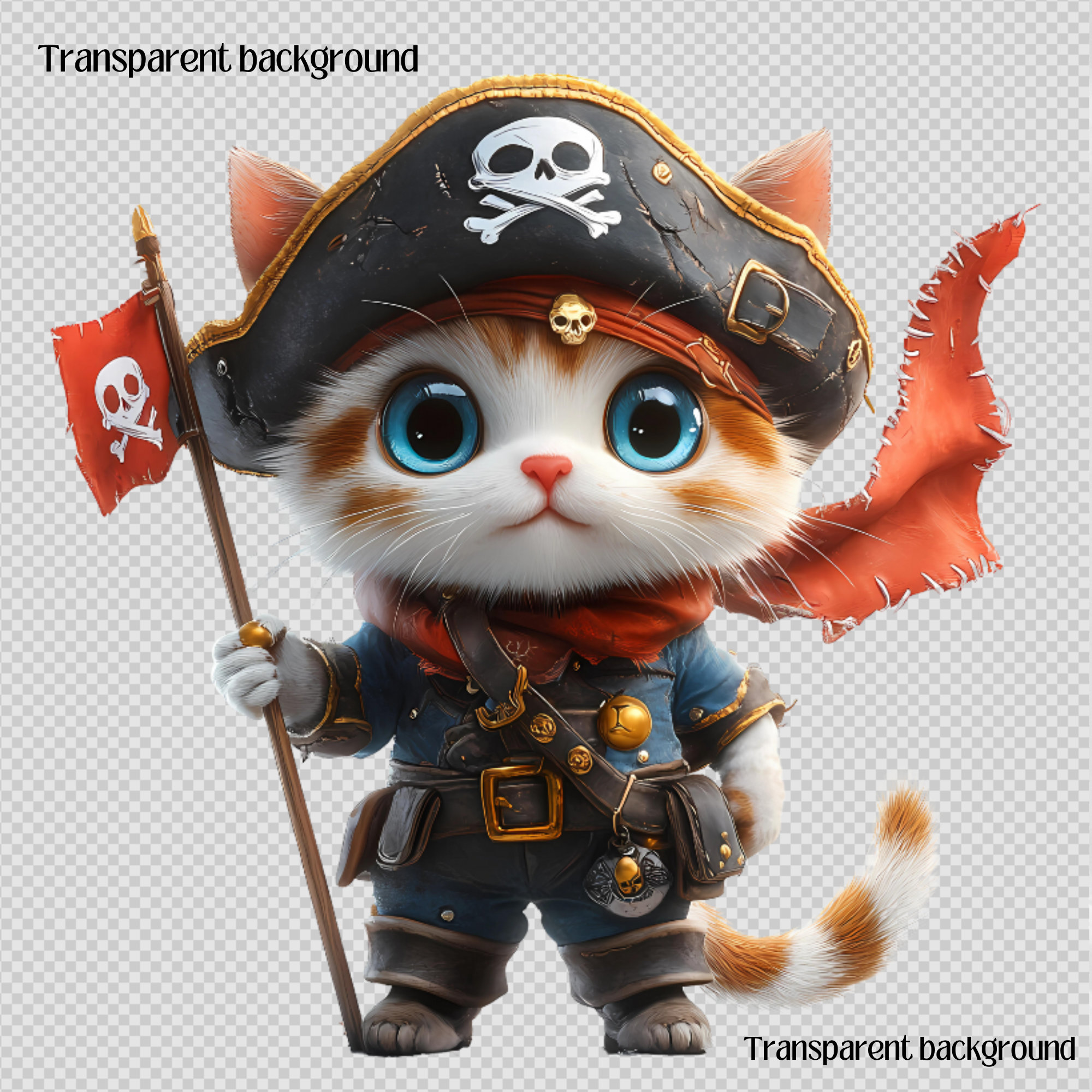 3D Cute Cat in Pirate Costume Clipart Bundle | 30 PNG Cute Cat Perfect ...