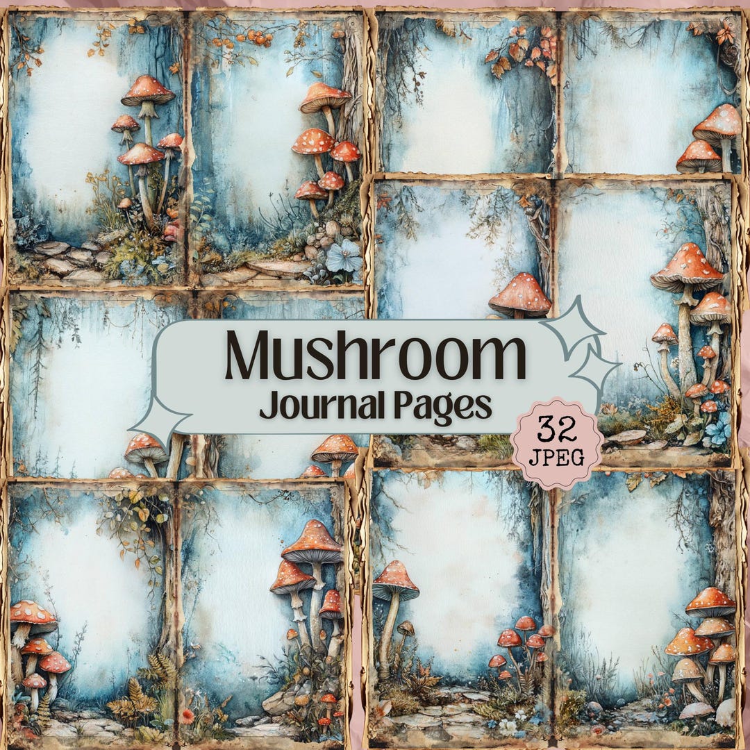 Watercolor Mushroom Journal Pages: Shabby Chic Scrapbook Kit (digital ...