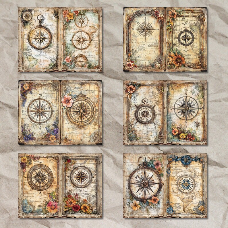 Vintage Compass Junk Journal Printable Pages | Compass & Old Map Themed ...