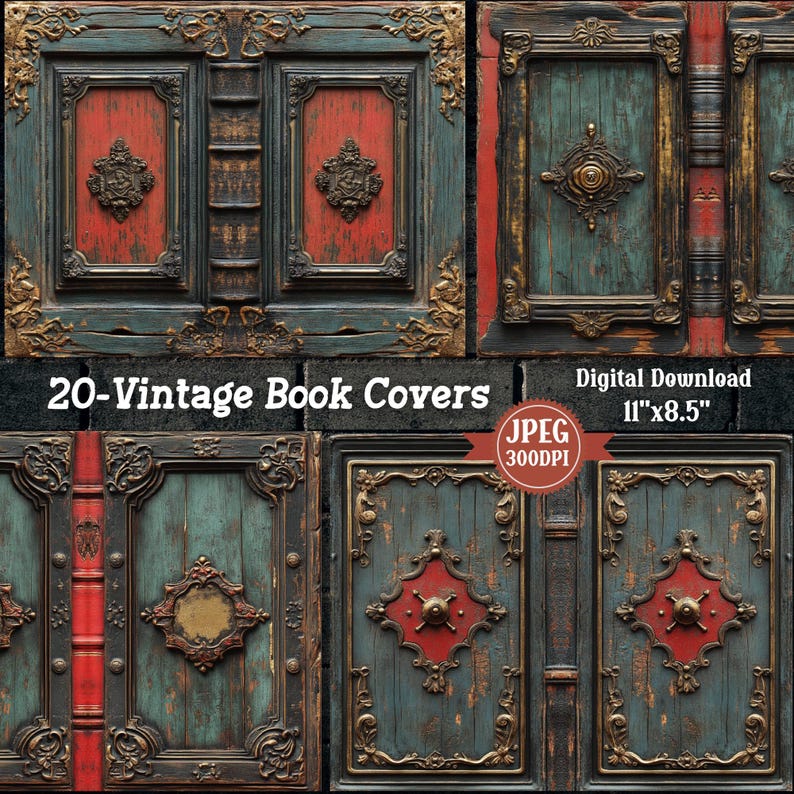 Vintage Book Covers | Ancient Cover Pages Junk Journal Kit | Old Red ...