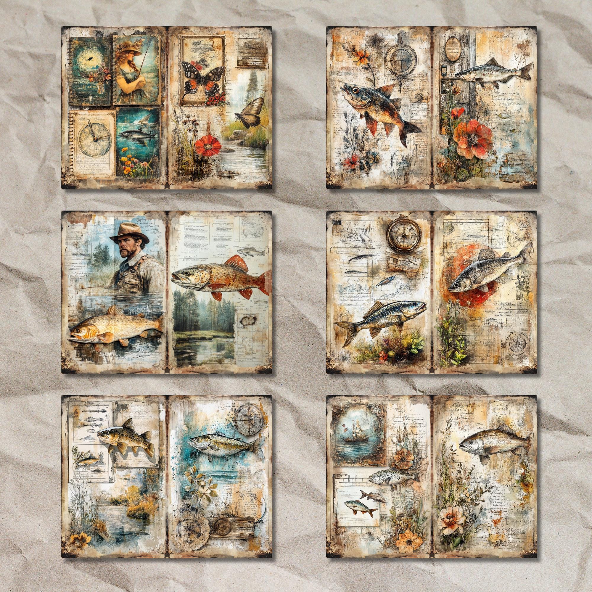Vintage Fishing Ephemera Pack: Shabby Chic Junk Journal Pages (digital ...