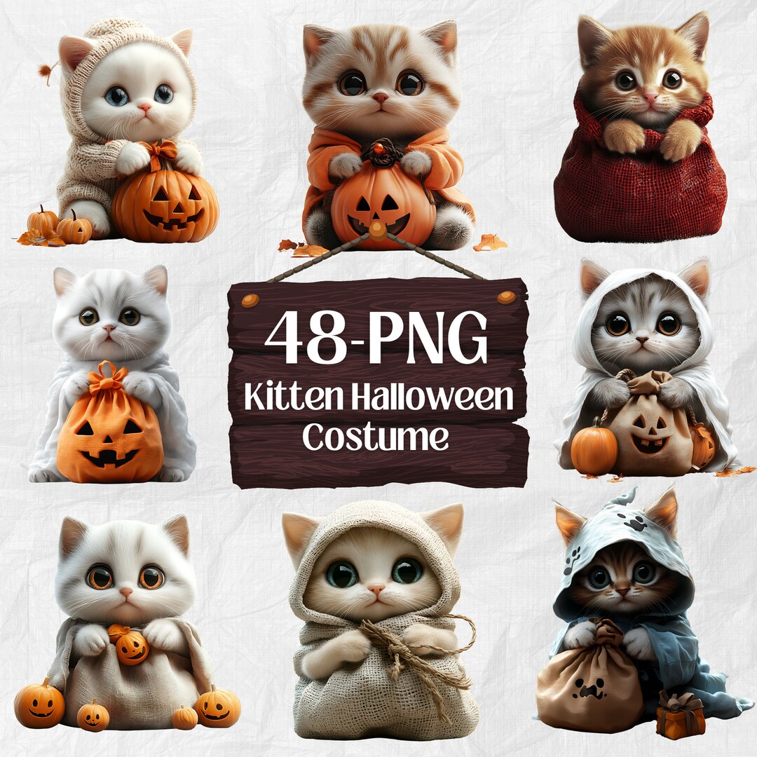 Kitten Halloween Costume Clipart Bundle | 48 PNG Cute Cats PNG Perfect ...