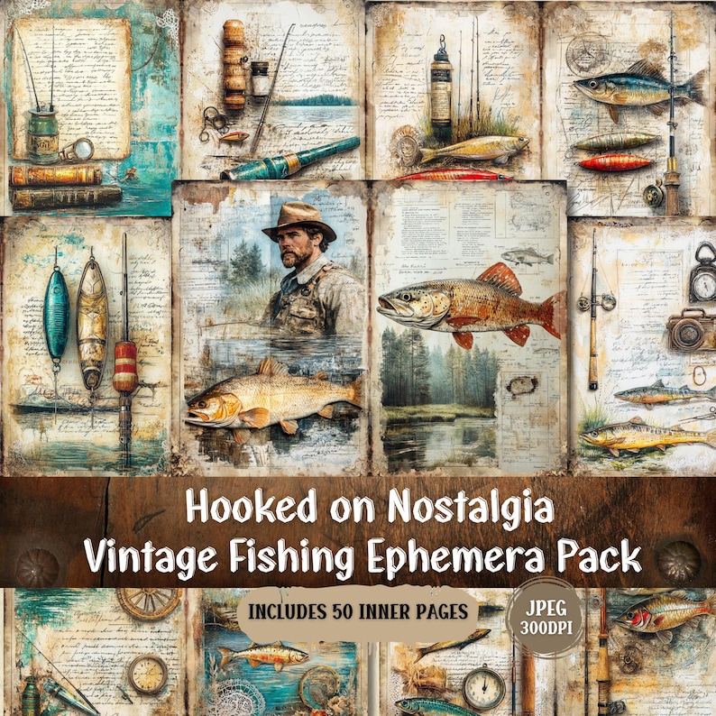 Vintage Fishing Ephemera Pack: Shabby Chic Junk Journal Pages (digital ...