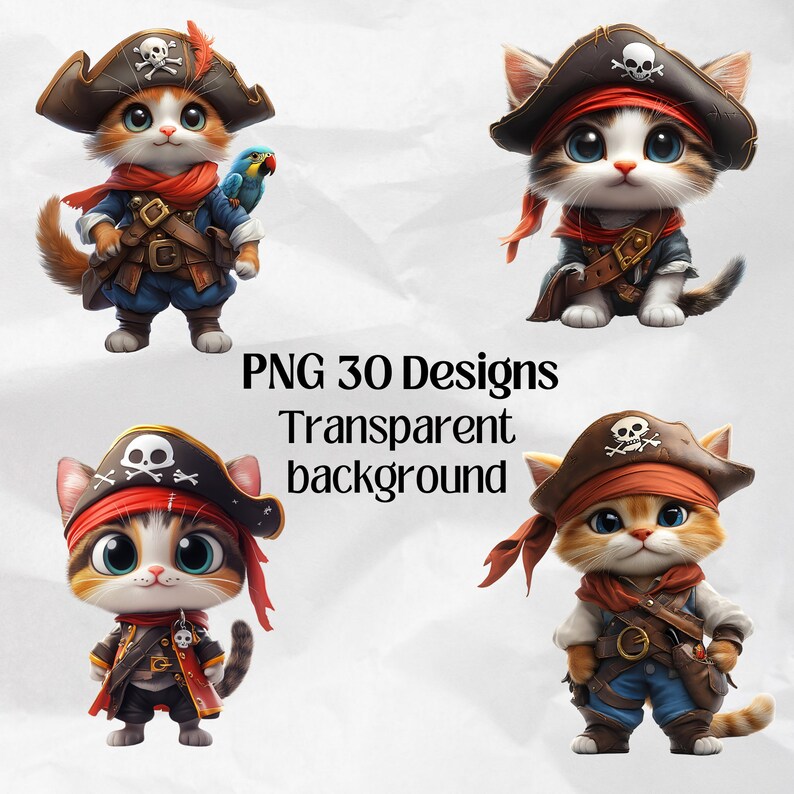 3D Cute Cat in Pirate Costume Clipart Bundle | 30 PNG Cute Cat Perfect ...