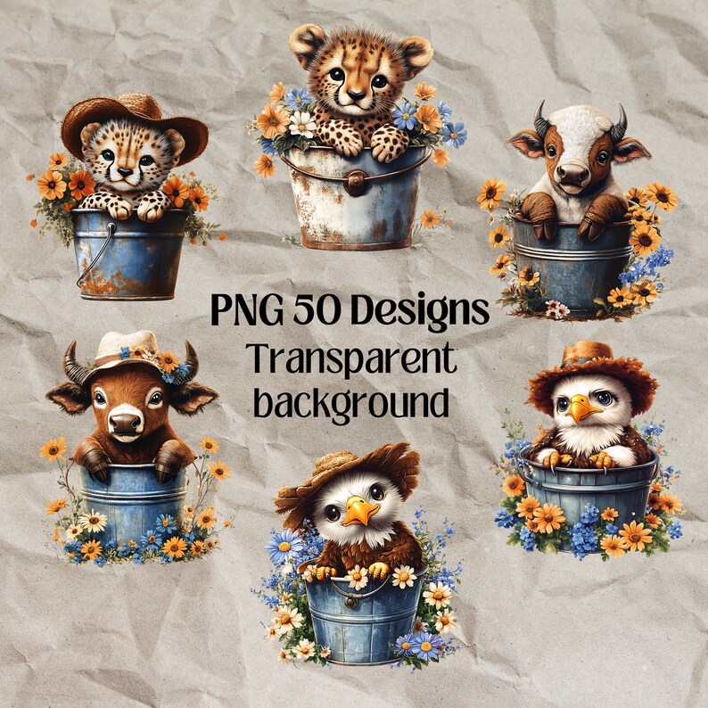 Baby Animals in Bucket Clipart: 50 PNG Wildlife Designs (digital ...