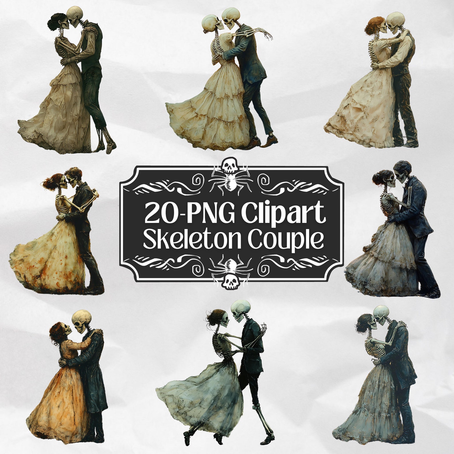 Dancing Skeleton Couple Clipart: 20 PNG Halloween Designs (digital ...