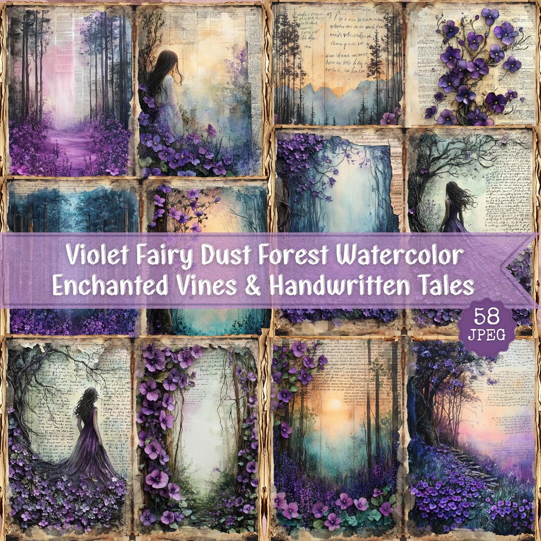 Violet Fairy Dust Forest Watercolor – Enchanted Vines & Handwritten ...