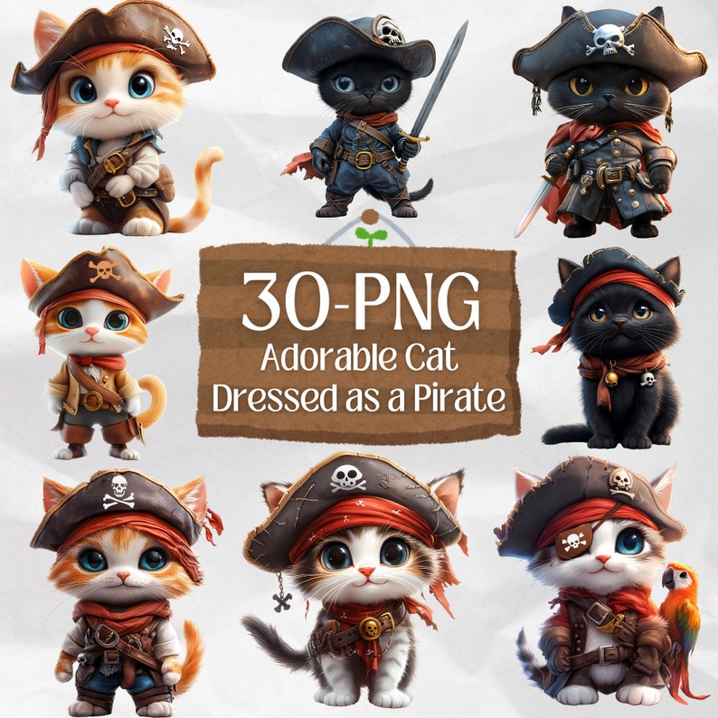 3D Cute Cat in Pirate Costume Clipart Bundle | 30 PNG Cute Cat Perfect ...