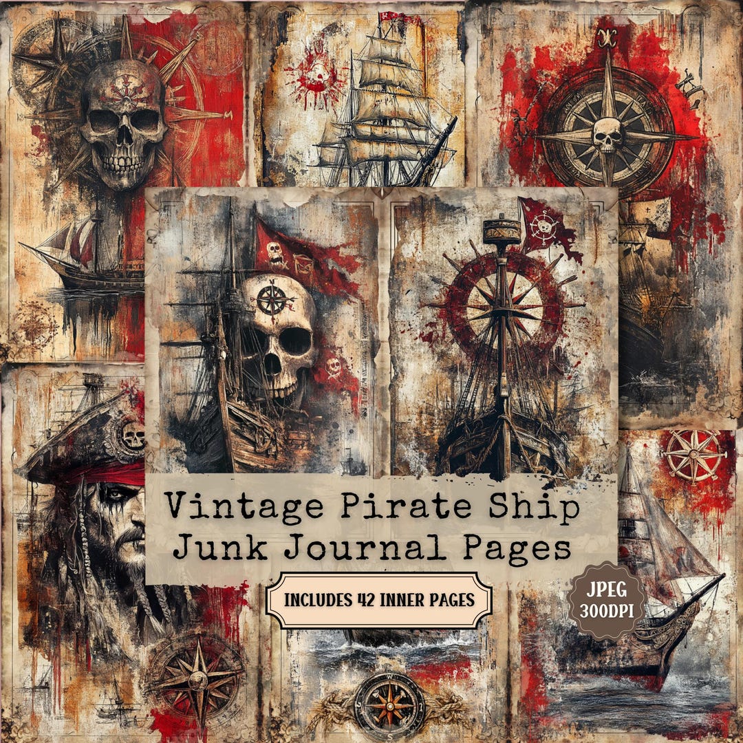 Vintage Pirate Ship Junk Journal Pages: Skull & Compass Ephemera (42 ...