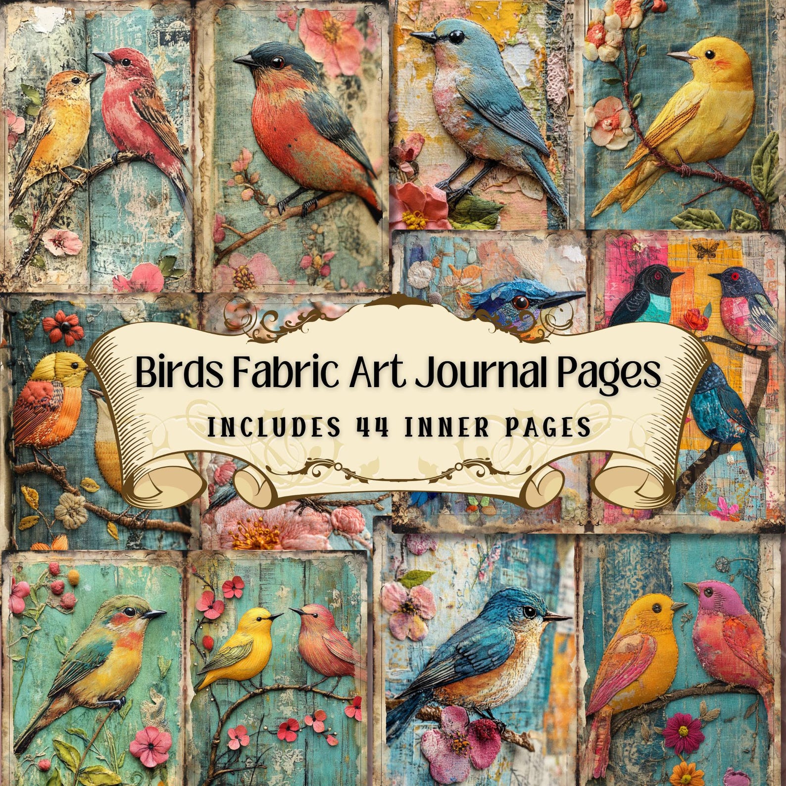 Birds Fabric Art Junk Journal Pages: Shabby Chic Ephemera (44 JPEG ...