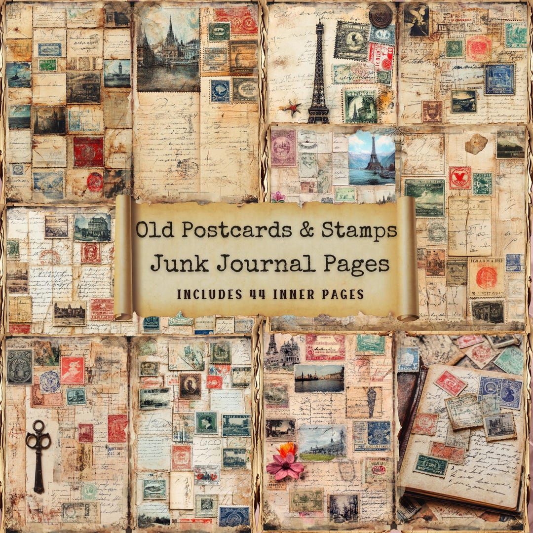 Vintage Postcards & Stamps Junk Journal Kit: Shabby Chic Ephemera ...