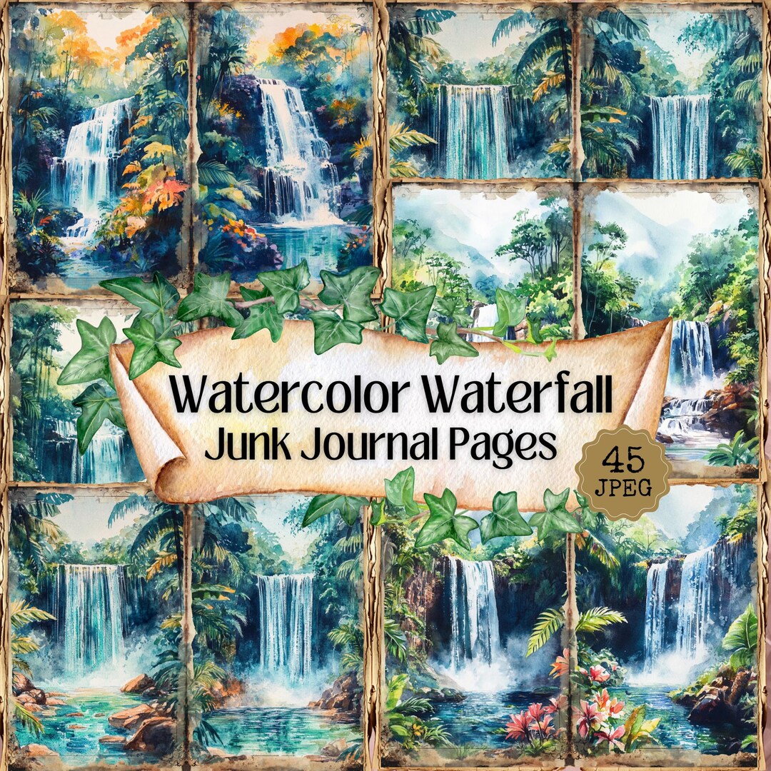 Watercolor Waterfall Junk Journal Pages | Nature Scene Themed Journal ...