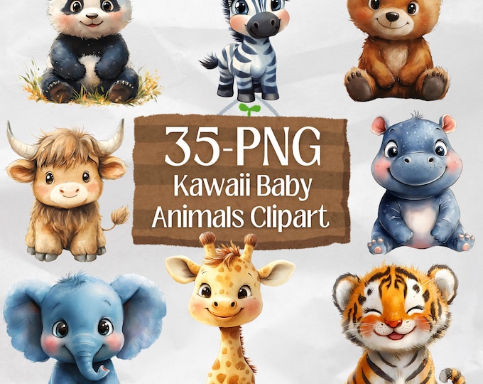 Watercolor Kawaii Baby Animals Clipart Bundle | 35 PNG Cute Wildlife ...