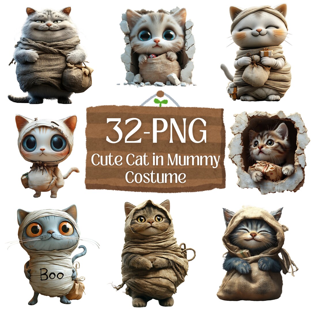 Cute Cats in Mummy Costume Clipart Bundle | 32 PNG Cute Cats PNG ...