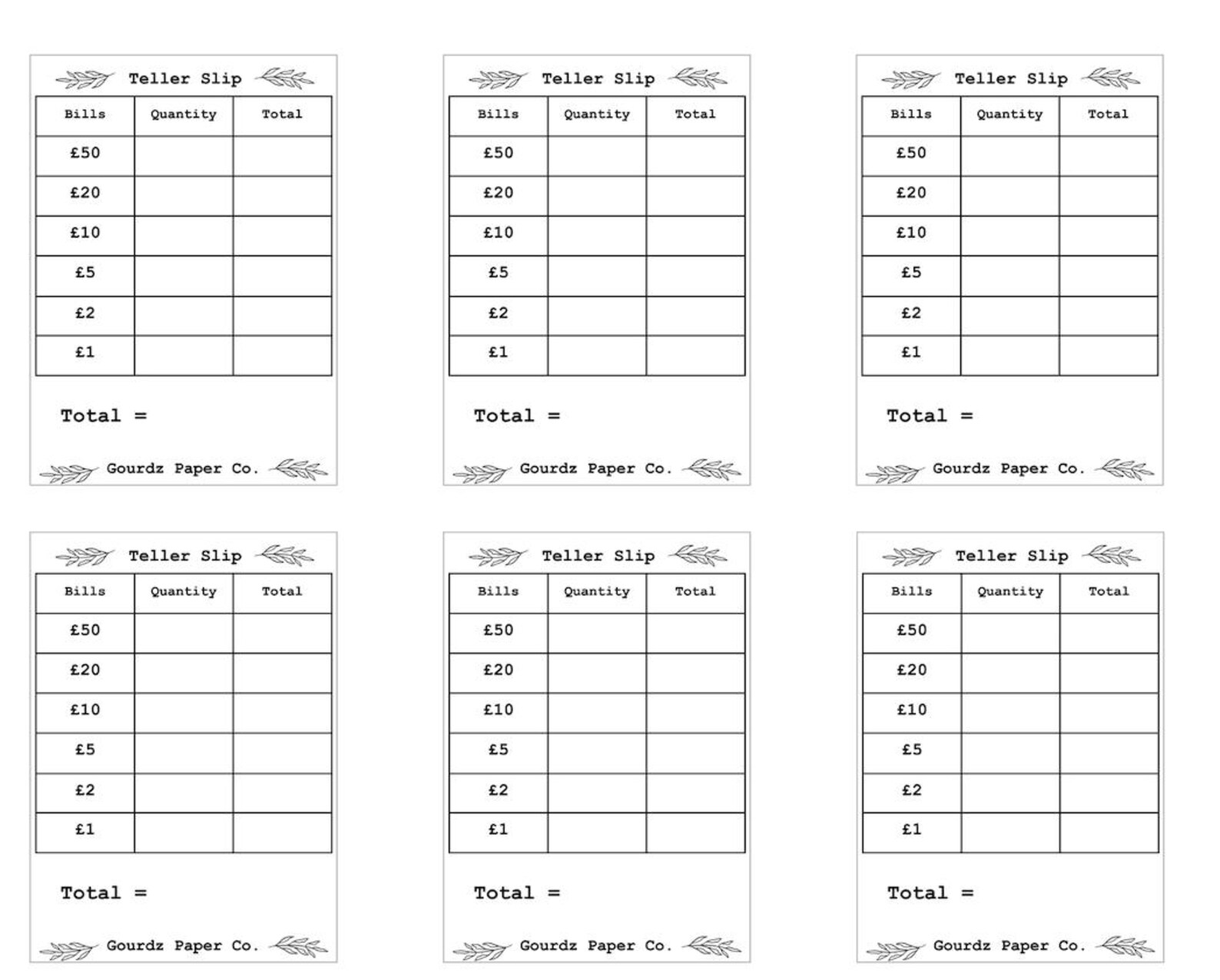 UK Teller Slips - Printable Set of 6 - Etsy