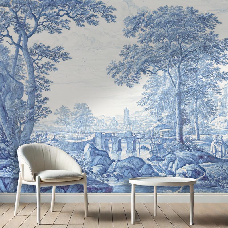 Blue Toile Wallpaper - Etsy