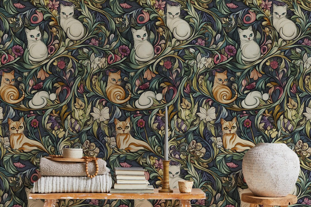 Buy Sweet Cat Wallpaper Vintage Floral Design With Playful Cats for ...