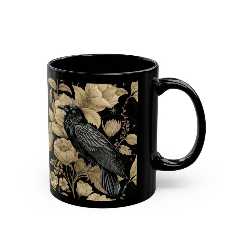 Gothic Raven Ceramic Mug With Golden Floral Accents Unique Nature Lover ...