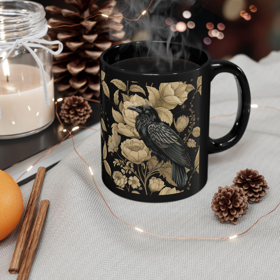 Gothic Raven Ceramic Mug With Golden Floral Accents Unique Nature Lover ...