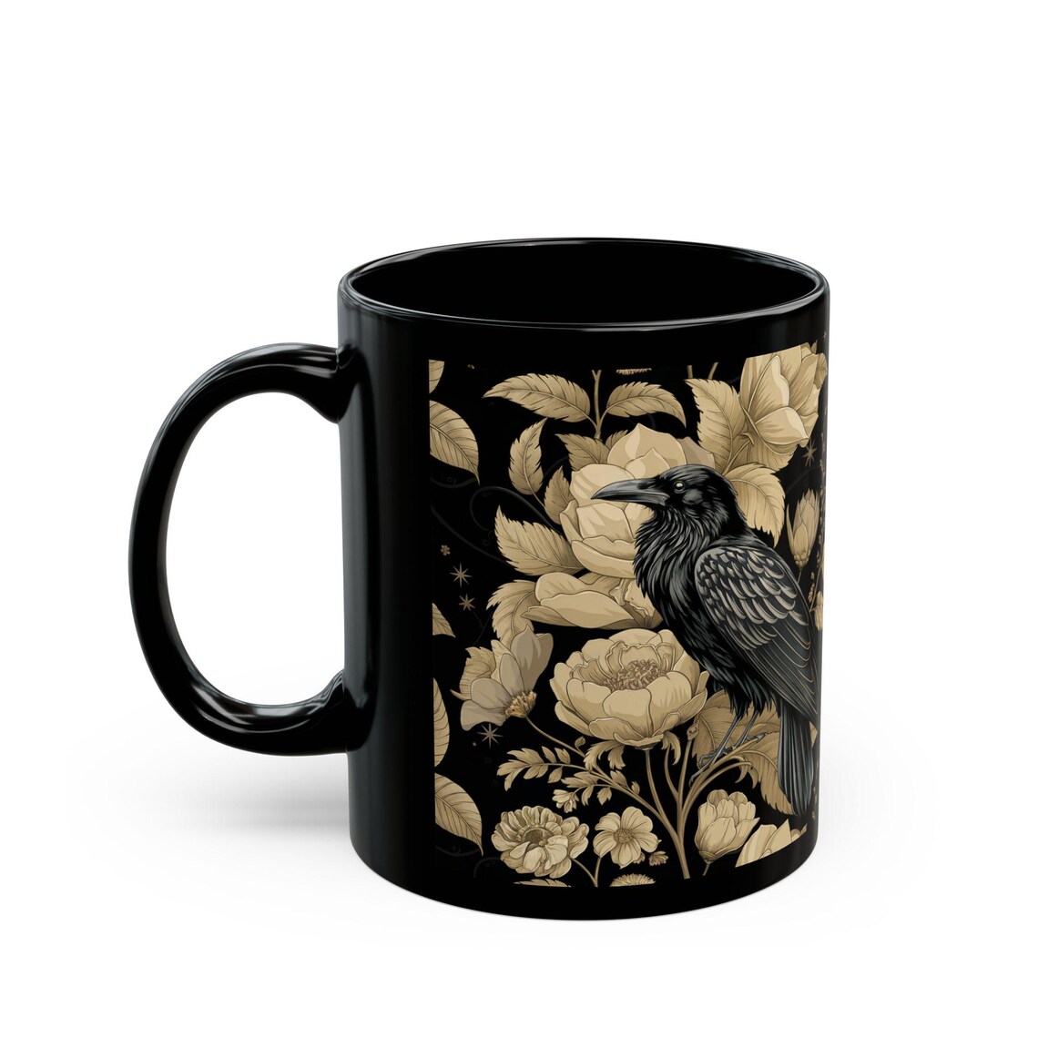 Gothic Raven Ceramic Mug With Golden Floral Accents Unique Nature Lover ...