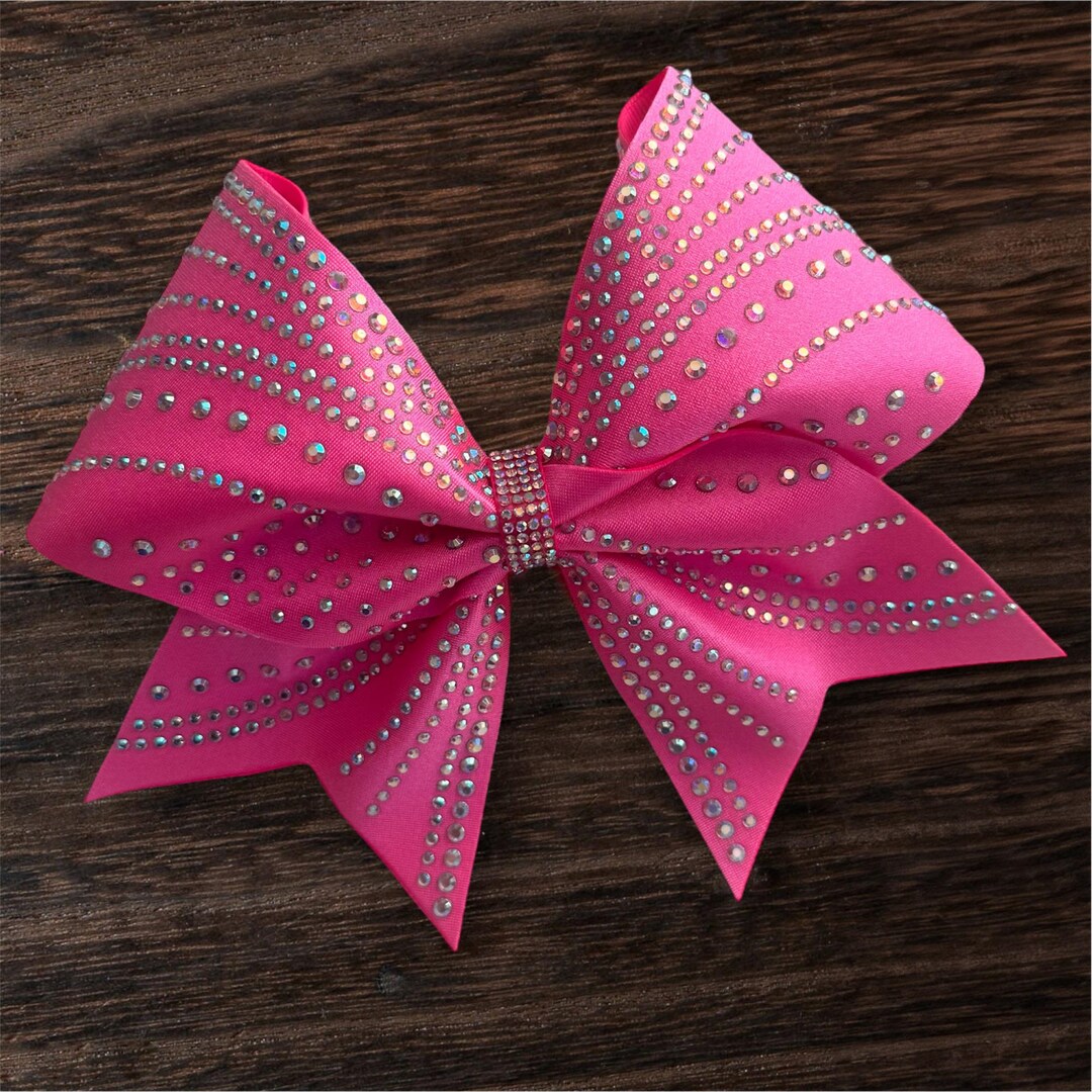 Custom Cheerleader Neon Pink Fabric AB Rhinestone Bling Cheer Hair Bow ...