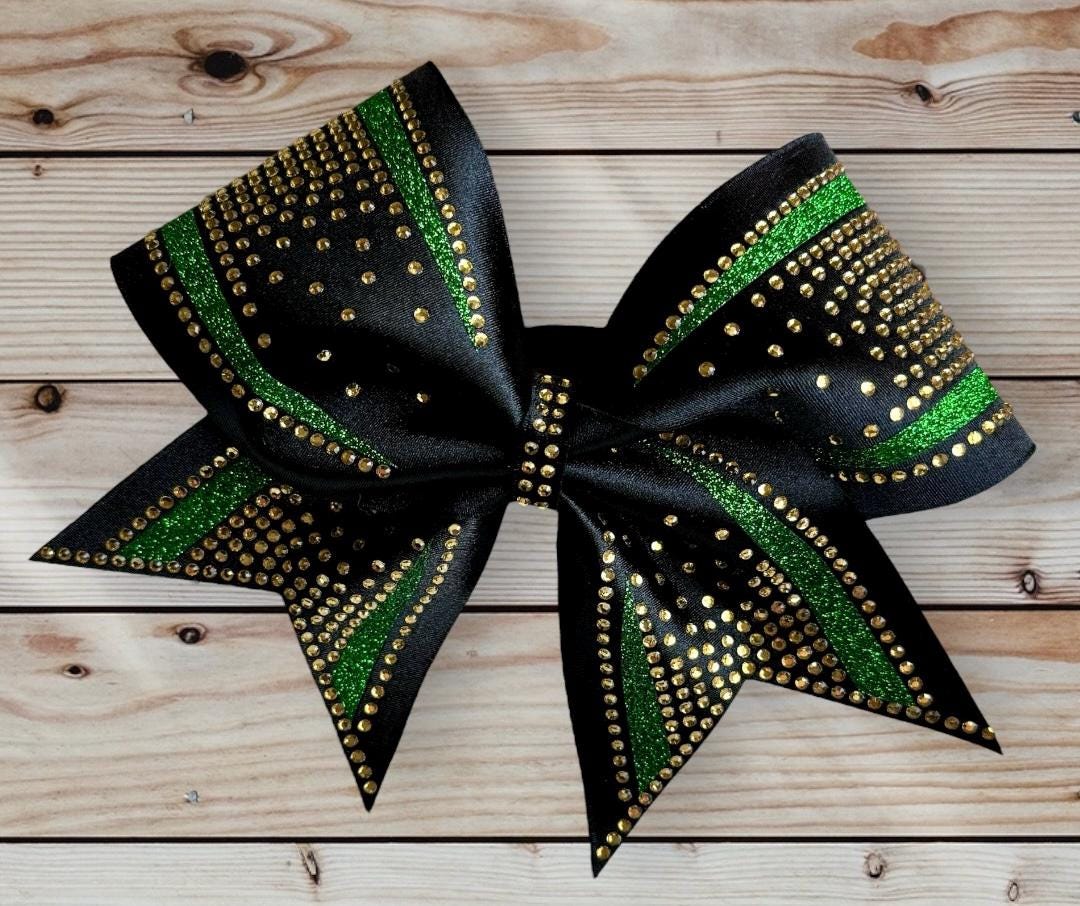 Custom Cheerleader Black Fabric Green Glitter Gold Rhinestone Bling ...