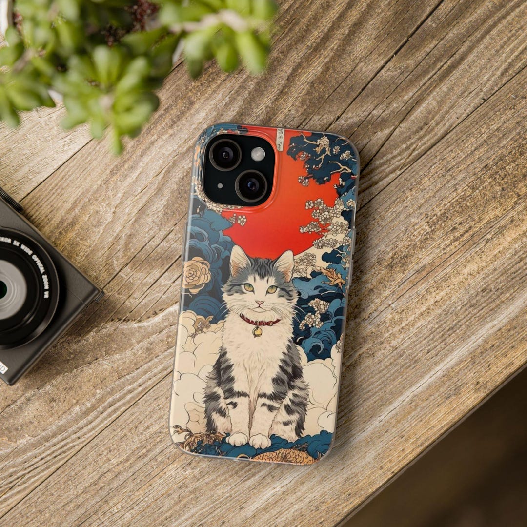 Cat Art Flexi Phone Case, Cute Cat Phone Cover, Japanese Aesthetic Case ...