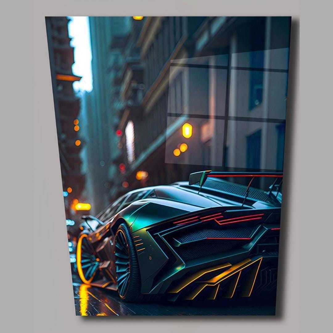 Futuristic Supercar in Neon City Glass Art - Sleek Automotive Wall ...