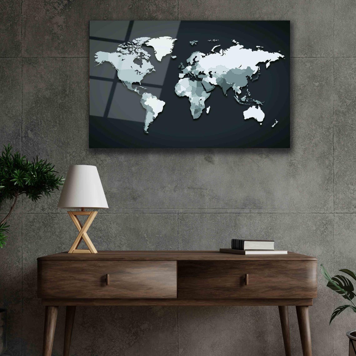 Modern World Map Wall Art on Glass - Black & White Geometric Design ...