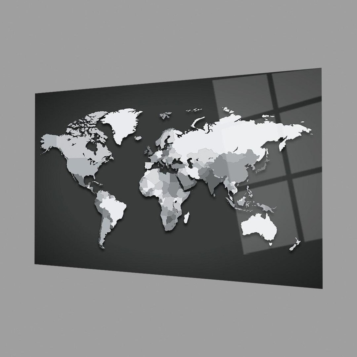 Modern World Map Wall Art on Glass - Black & White Geometric Design ...