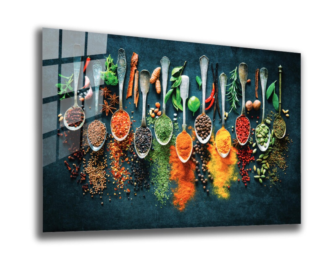 Tempered Glass Wall Art, Modern Kitchen Decor, Vibrant Herbs and Spices ...