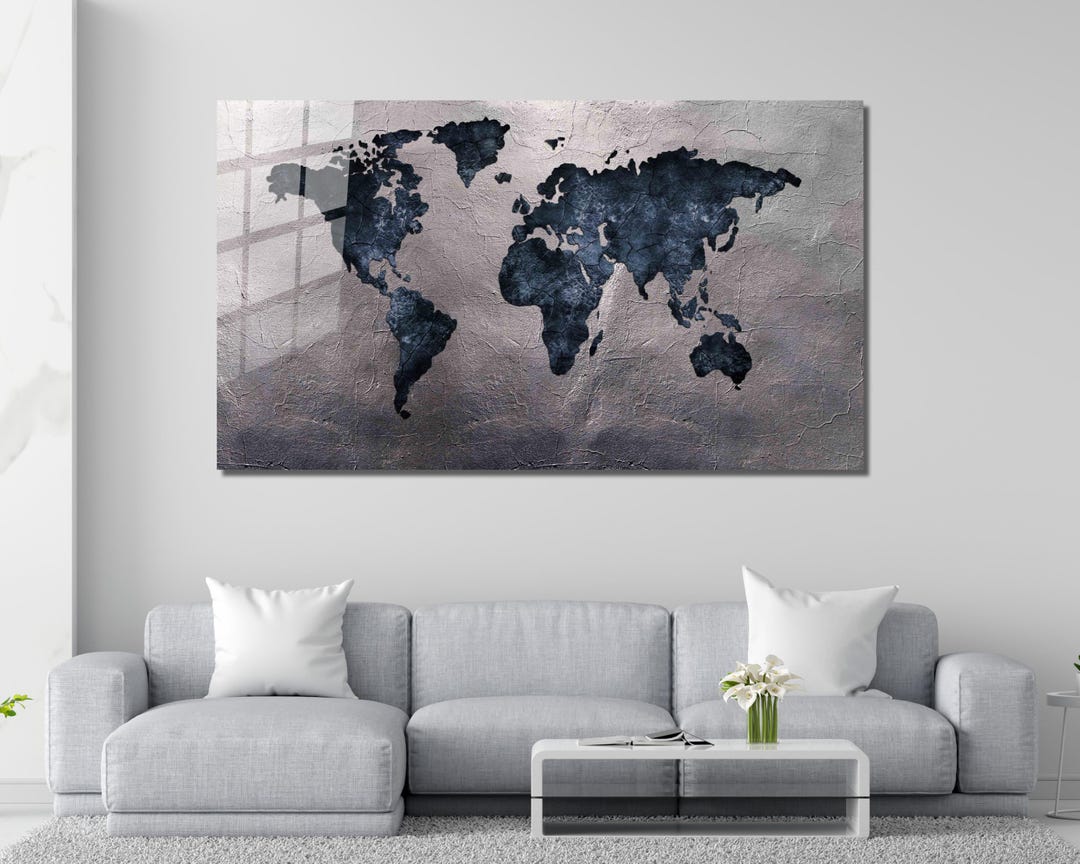 Tempered Glass Wall Art, Rustic World Map Wall Art on Glass, Decorative ...
