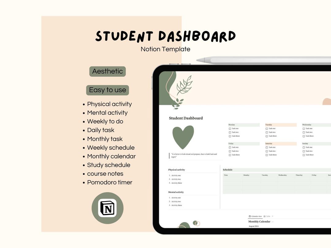Student Notion Dashboard College Organization Template for Study ...