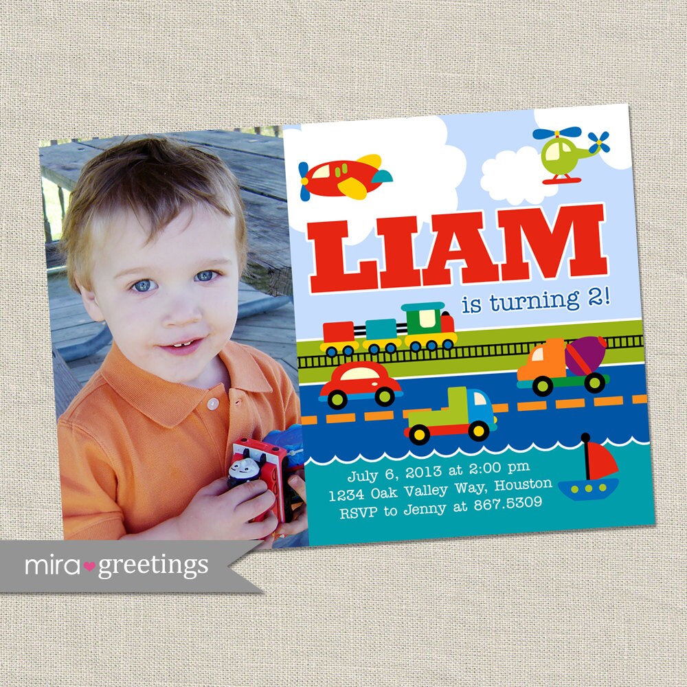 Transportation Birthday Party Invitation Train Invite Vehicle Car ...