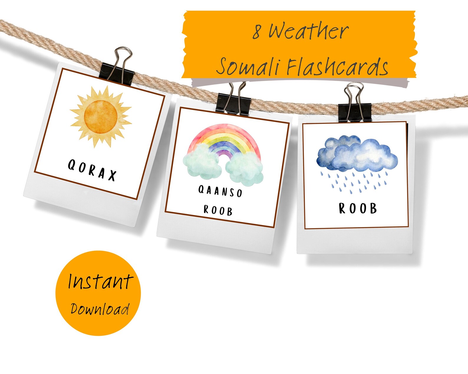 Weather Flashcards, Somali, Educational Printable, Watercolour Images ...