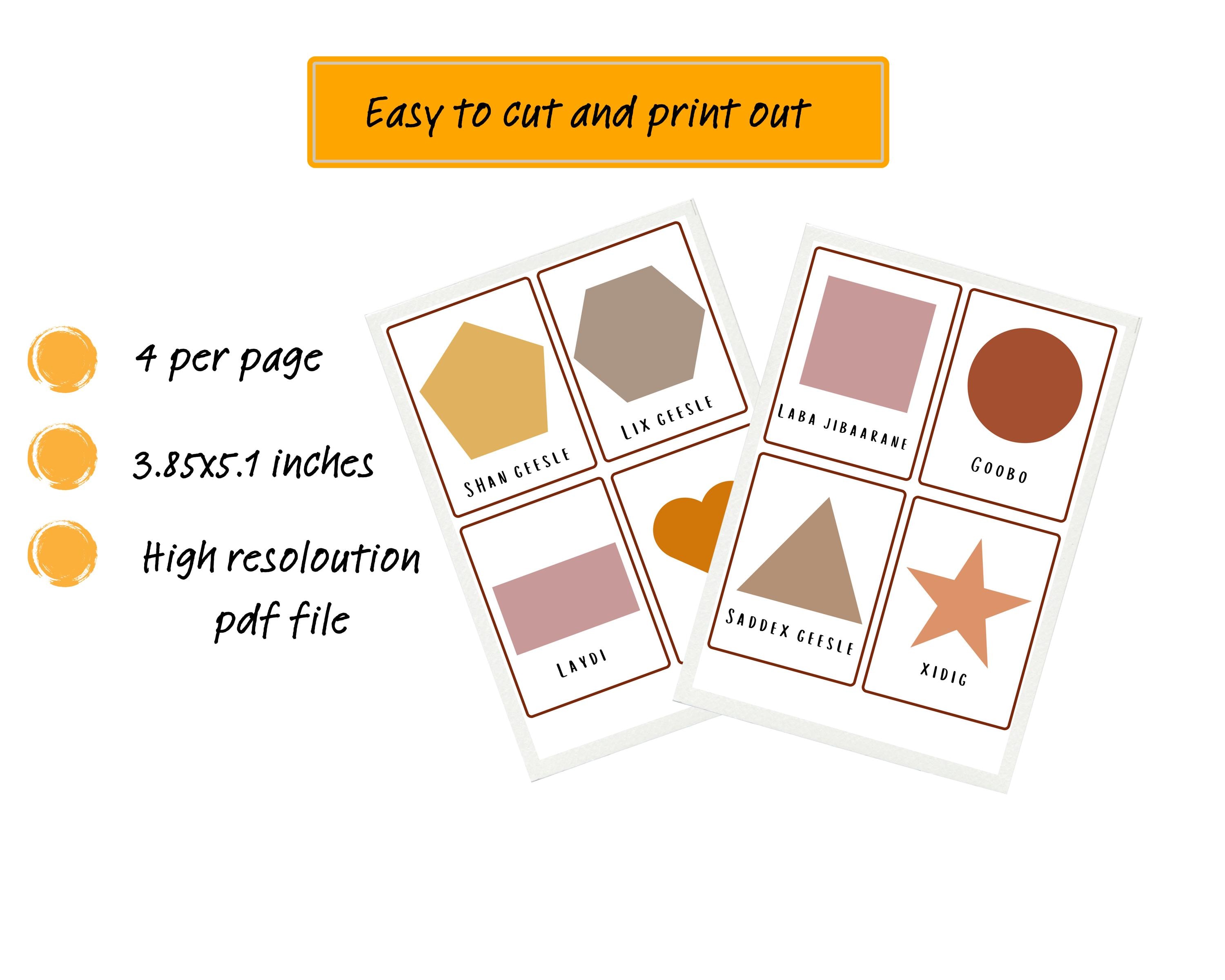 Flash Cards, Somali, Learn 2D Shapes, Homeschool Printable Flashcards ...