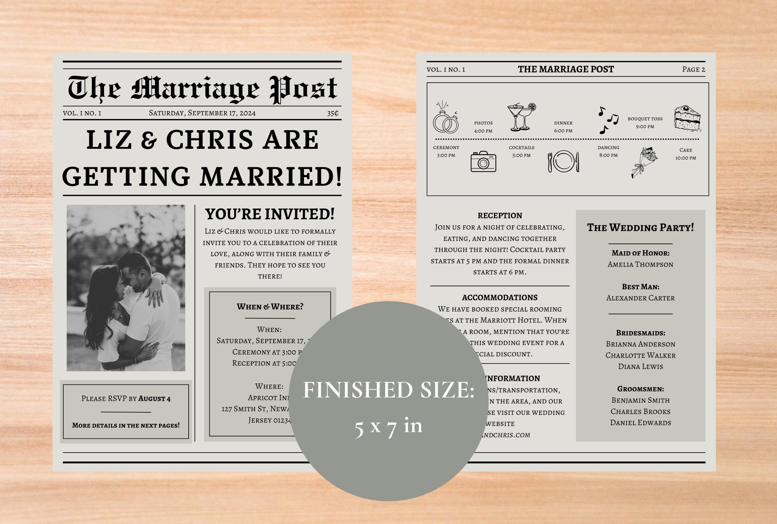 Newspaper Wedding Invitation Template, Editable Unique Wedding Invite ...