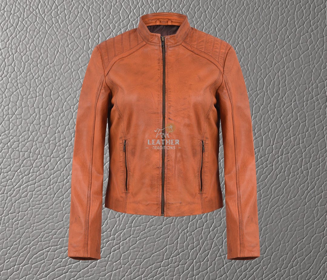 Women's Cafe Racer Rust Orange Leather Jacket With Stylish Quilted ...