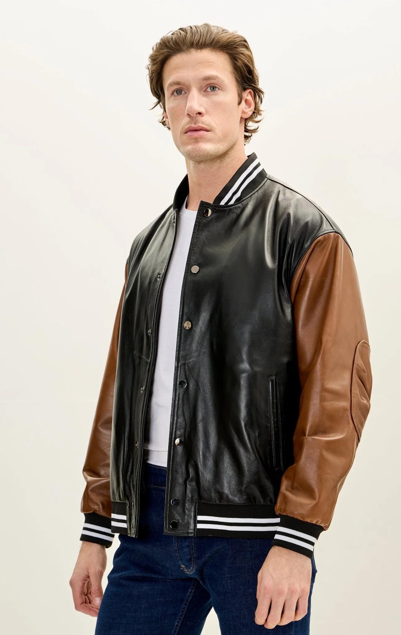 Men's Black & Brown Leather Varsity Jacket Premium Bomber Style Jacket ...
