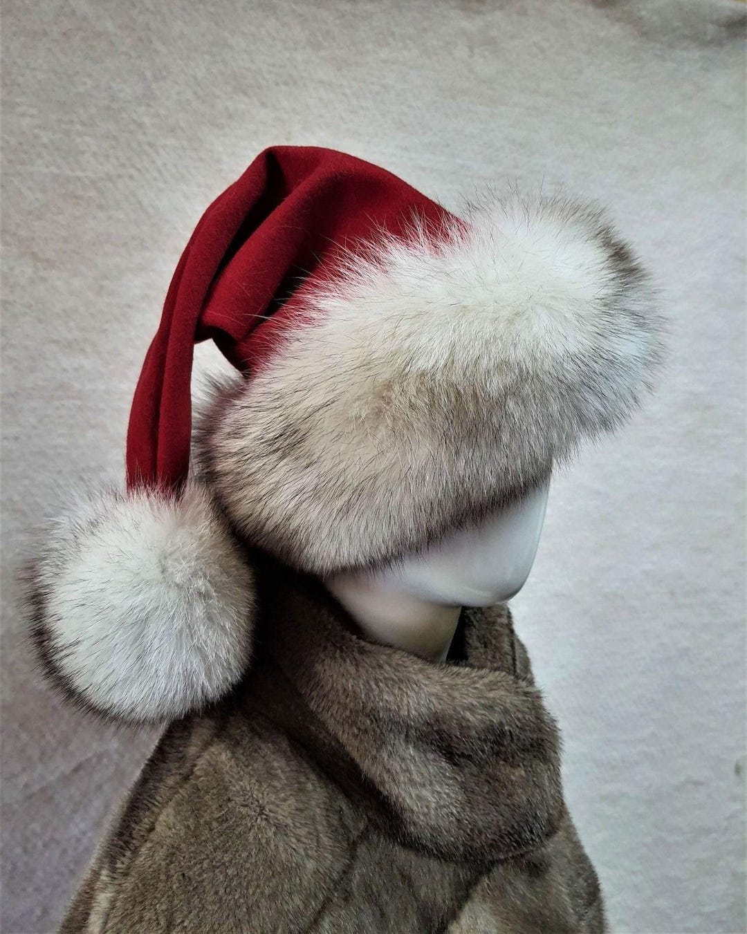 Luxury Red Velvet Santa Hat, Blue Fox Fur Trim Christmas Holiday Cap ...