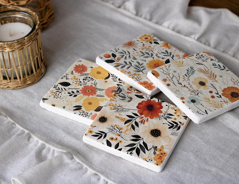 Wildflowers Stone Coasters, Flower Coaster, Spring Floral Coaster ...
