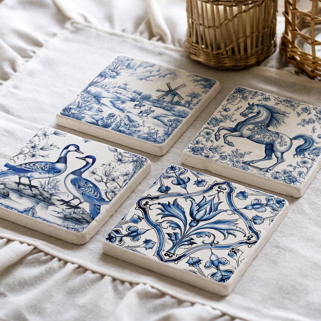 Delft Vintage Tile Design Stone Coaster, Vintage Decor, Delft Tile ...