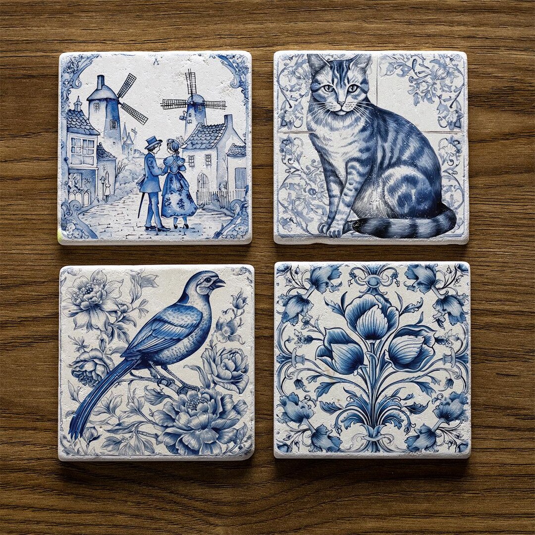 Delft Tile, Delft Vintage Tile Design Stone Coaster, Vintage Decor ...