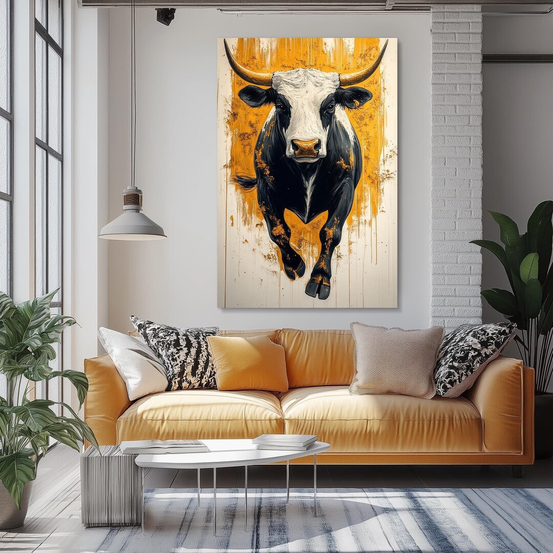 Bull Canvas Wall Art, Black and White Bull on Vibrant Canvas ...