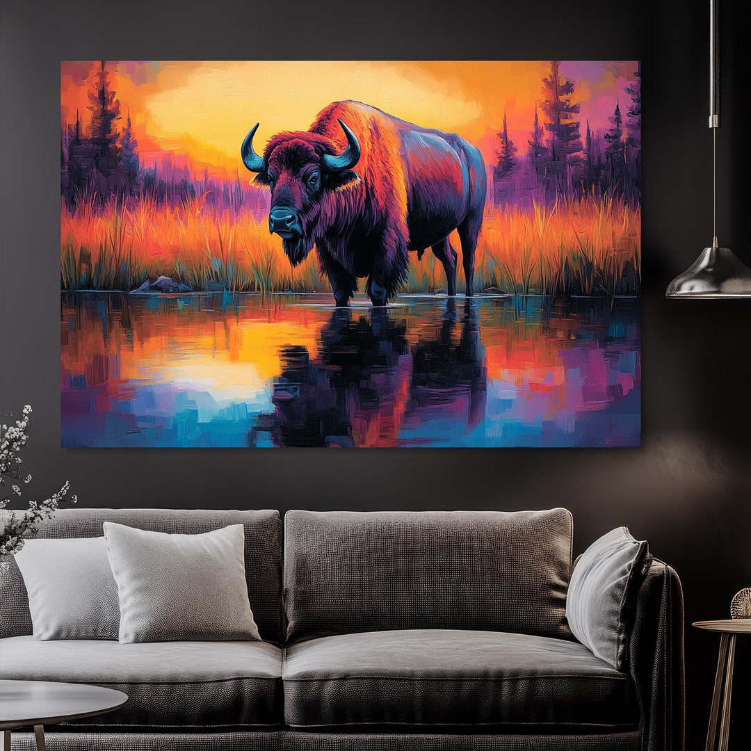 Colorful Bison Canvas Wall Art, Colorful Buffalo Art, Wild Landscape ...