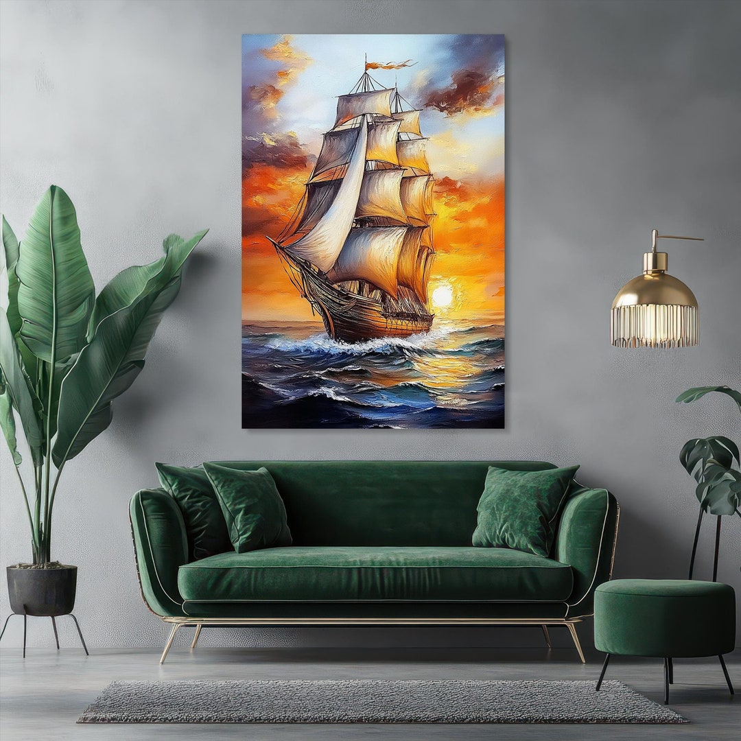 Vintage Sailing Ship Wall Art, Tall Ship Sailing Into the Sunset ...