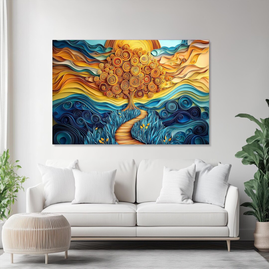 Vibrant Swirl Tree Artwork, Golden Tree and Sunset Path, Home Living ...