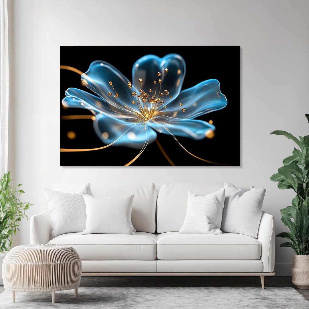 Luxury Floral Wall Art, Modern Flower Print Wall Decor, Blue Gold Decor ...