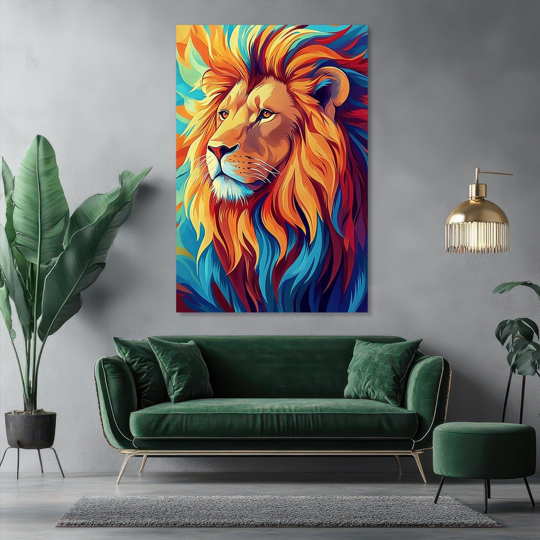 Colorful Lion Canvas Wall Art, Colorful Lion Portrait, Vivid King of ...